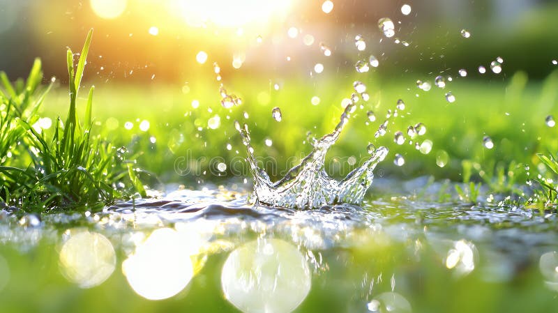 Water Droplet Splash in Puddle on Grass with Sunlight Reflections Stock ...