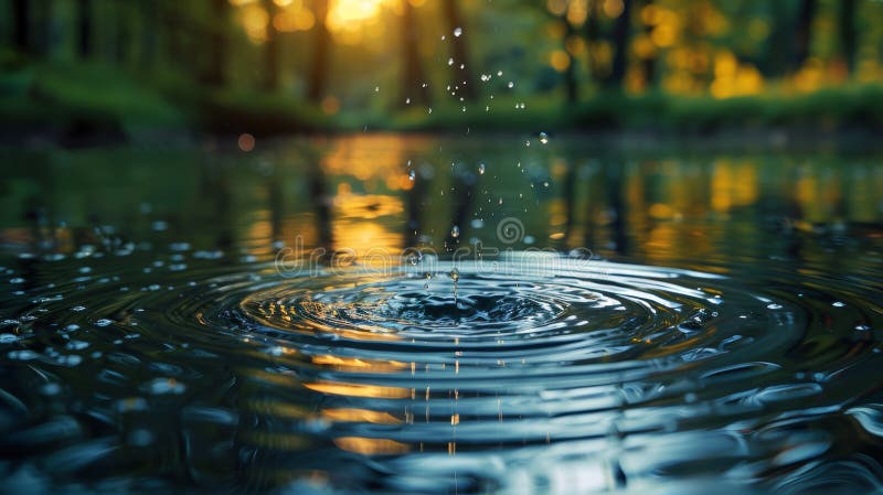 Water Droplet Creating Ripples in a Forest Pond at Sunset, Tranquil ...