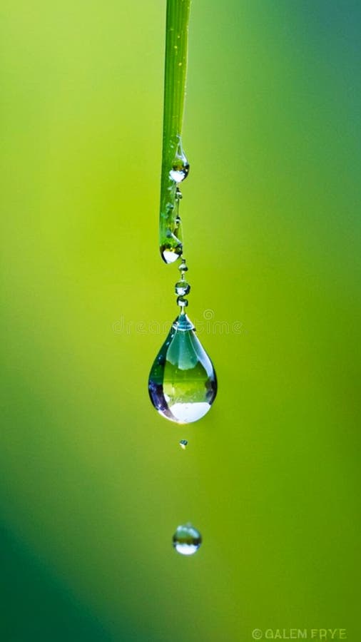 A Water Droplet Falling Down a Green Leaf Against a Gradient Green ...