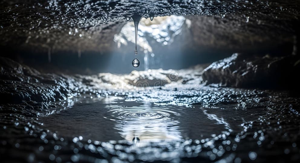 Water Droplet Falling into Pool within Dark, Atmospheric Cave with ...