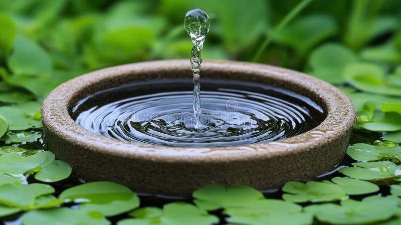 Water Droplet Falling into a Stone Bowl Surrounded by Lush Green Leaves ...