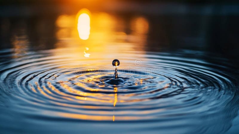 Water Droplet Impacting Calm Sunset Water Surface Stock Illustration ...