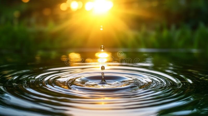 Water Droplet Impacting Still Water at Sunset Stock Illustration ...
