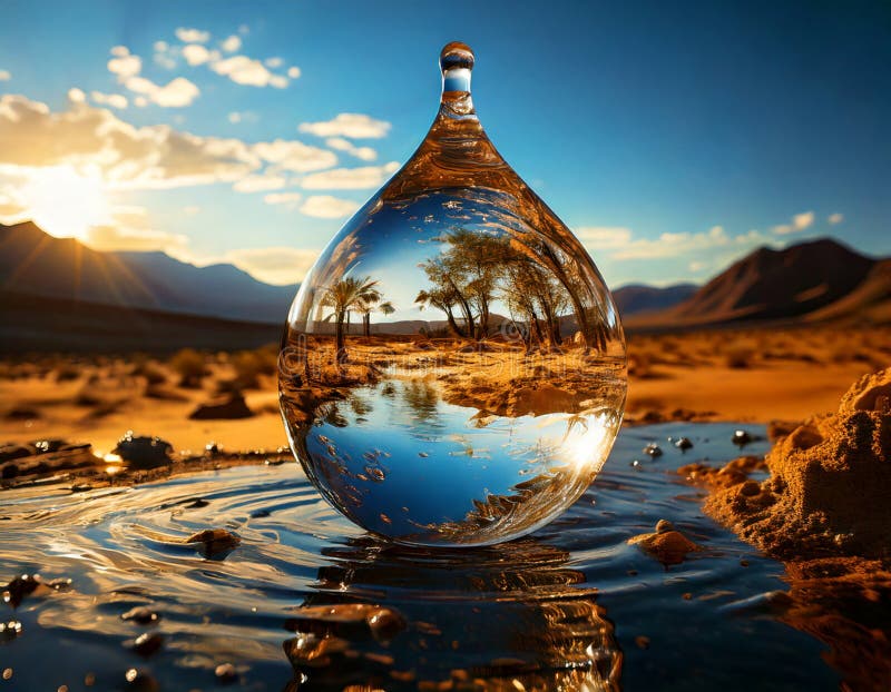 Water Droplet in a River Reflecting a Desert Oasis at Sunset Stock Illustration - Illustration ...