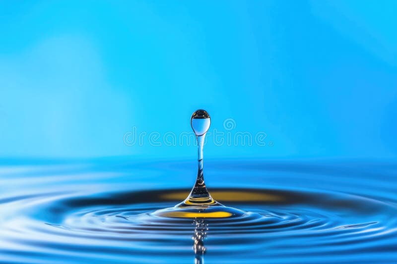 Water Droplet Splash on Blue Background with Ripples and Reflection ...