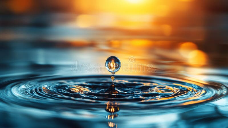 Water Droplet Splash with Sunset Reflection Stock Image - Image of blue ...
