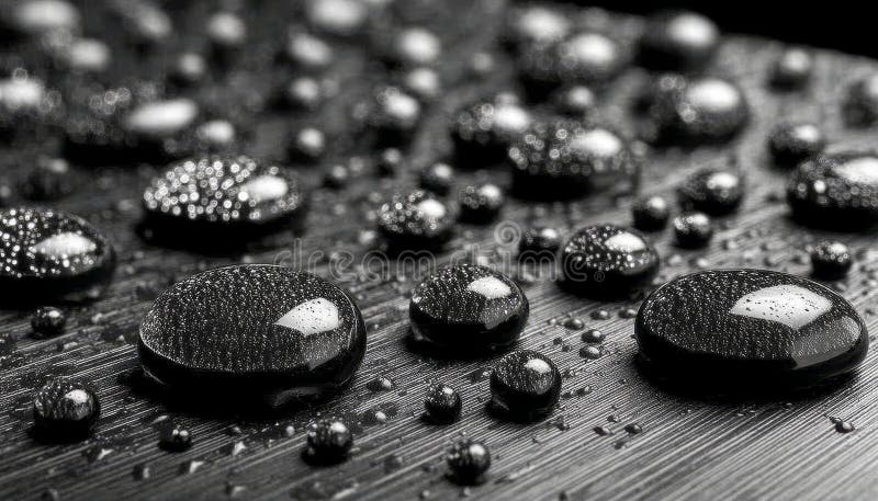 Water Droplets Beading on a Textured Black Surface, Showcasing the ...