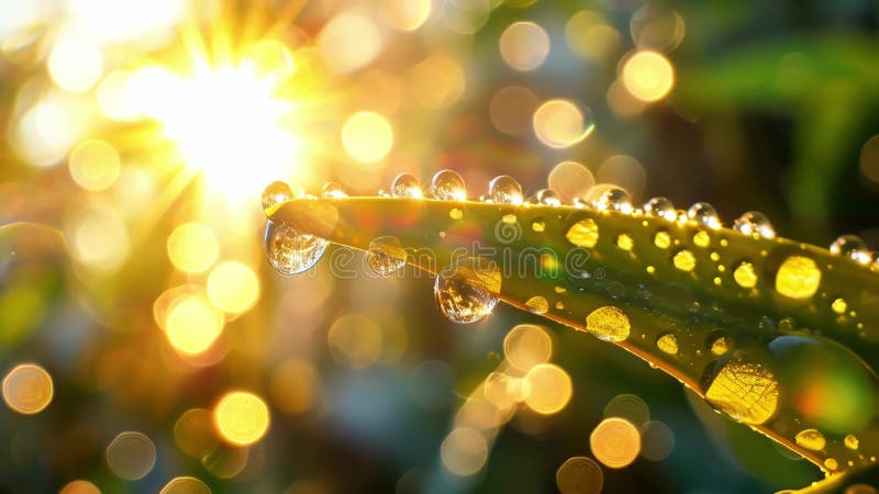 Water Droplets on a Blade of Gr Magnified by the Suns Rays Creating a ...