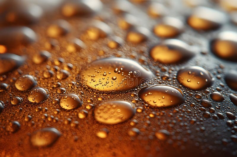 Close-Up of Water Droplets on Amber Surface - Abstract Background for ...