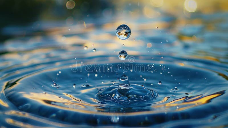 Water Droplets Create Ripples on Calm Surface at Sunset Stock Image ...
