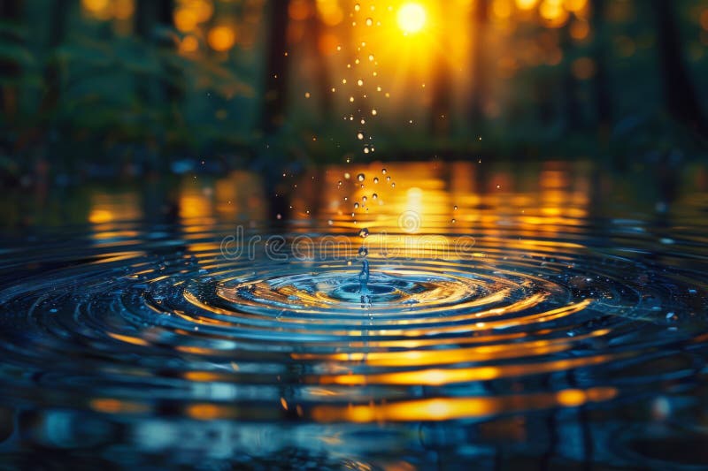 Water Droplets Creating Ripples at Sunset. Stock Image - Image of ...