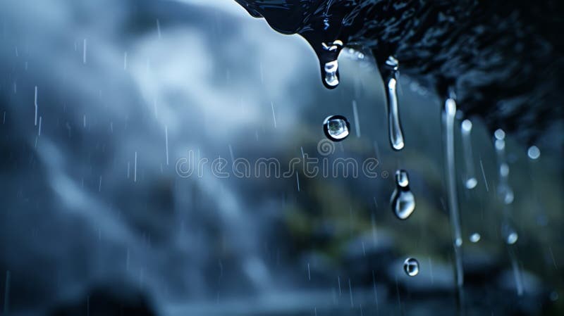 Water Droplets Cascading from a Rock in a Misty Forest during a Rainy ...