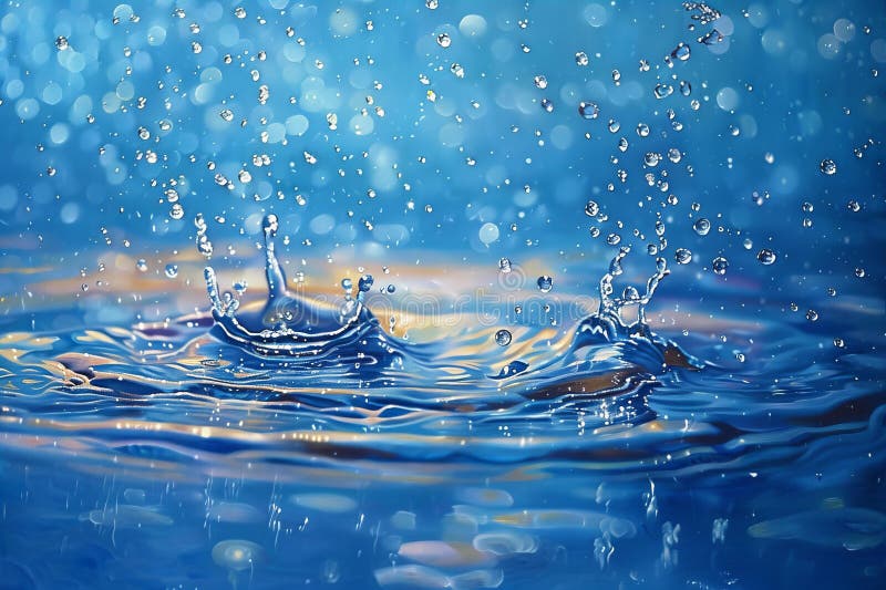 Water Droplets Falling into Blue Water, Creating Ripples and Waves on ...