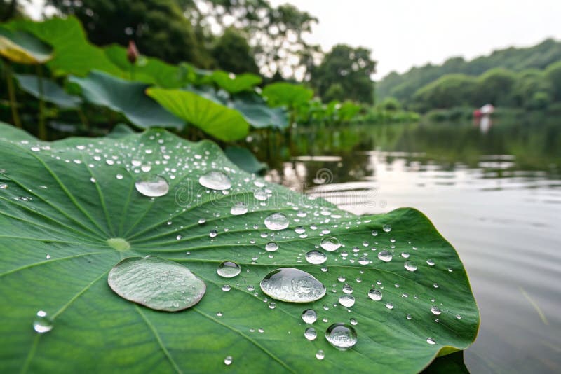 Water Droplets on Green Lotus Leaf Stock Illustration - Illustration of ...