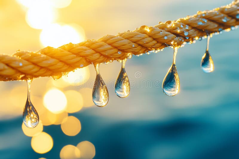 Water Droplets Hanging from Rope Shining in Sunlight. Background ...