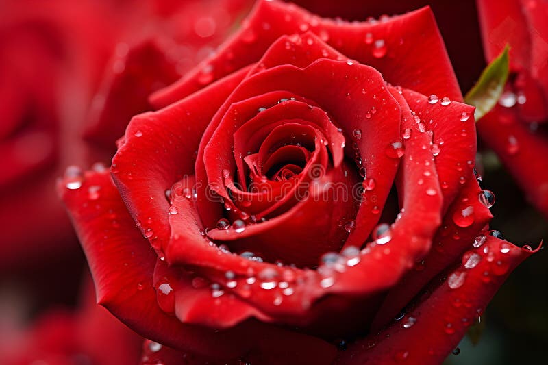 The Water Droplets on the Red Rose Bloom in Beautiful, Natural Shape by ...