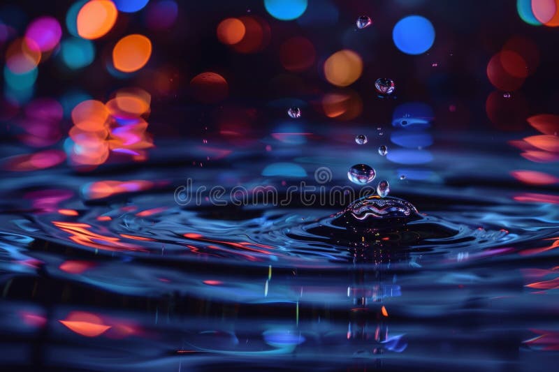 Water Droplets Ripple Beneath Vibrant Bokeh Lights during a Nighttime ...