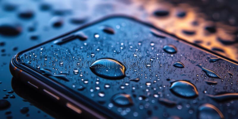 Water Droplets on Smartphone Screen Reflecting Light with a Blurred ...