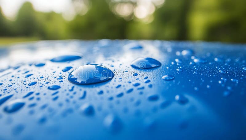 Water Drops Beading on a Shiny Blue Metallic Surface, Showcasing ...