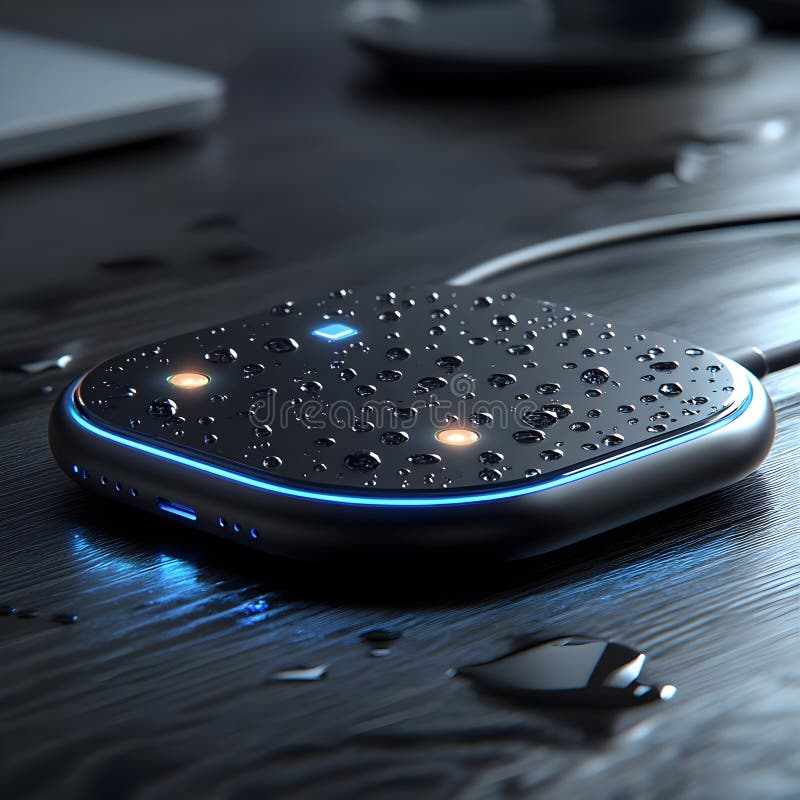 Water Drops on a Black Square Shaped Device with Blue Lights - 3D ...