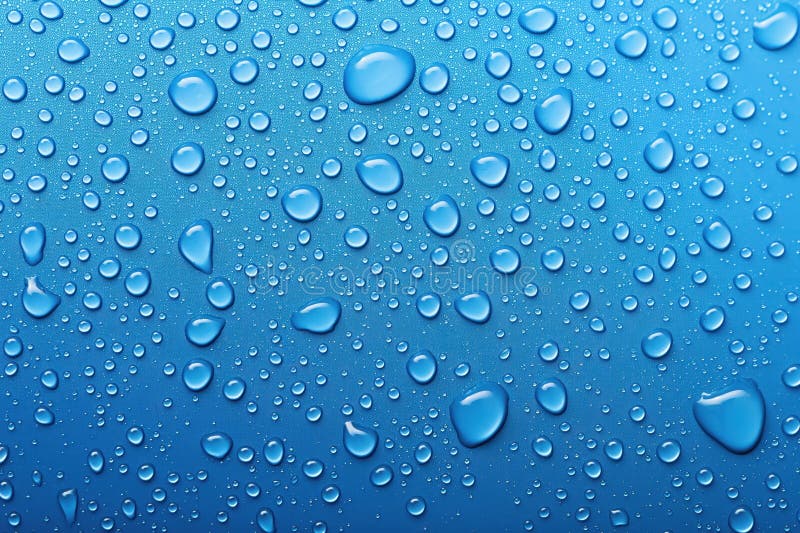 Water Drops on Blue Background in Top View. Transparent Fluid Forms ...