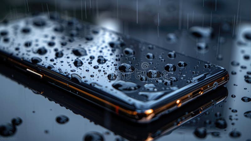 Water Drops on a Cell Phone Resting on a Wet Surface Stock Photo ...