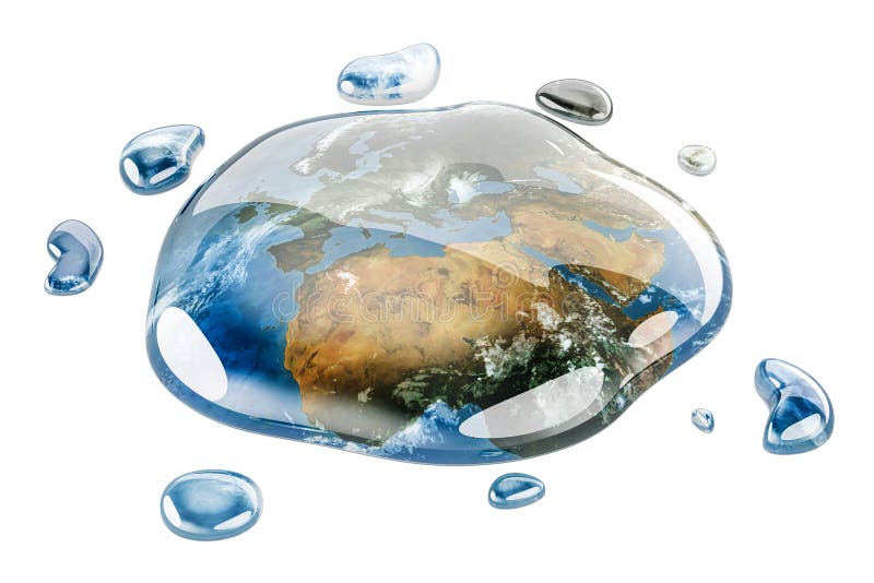 Water Drops with Earth Map Texture. Save Water Concept, 3D Rendering ...