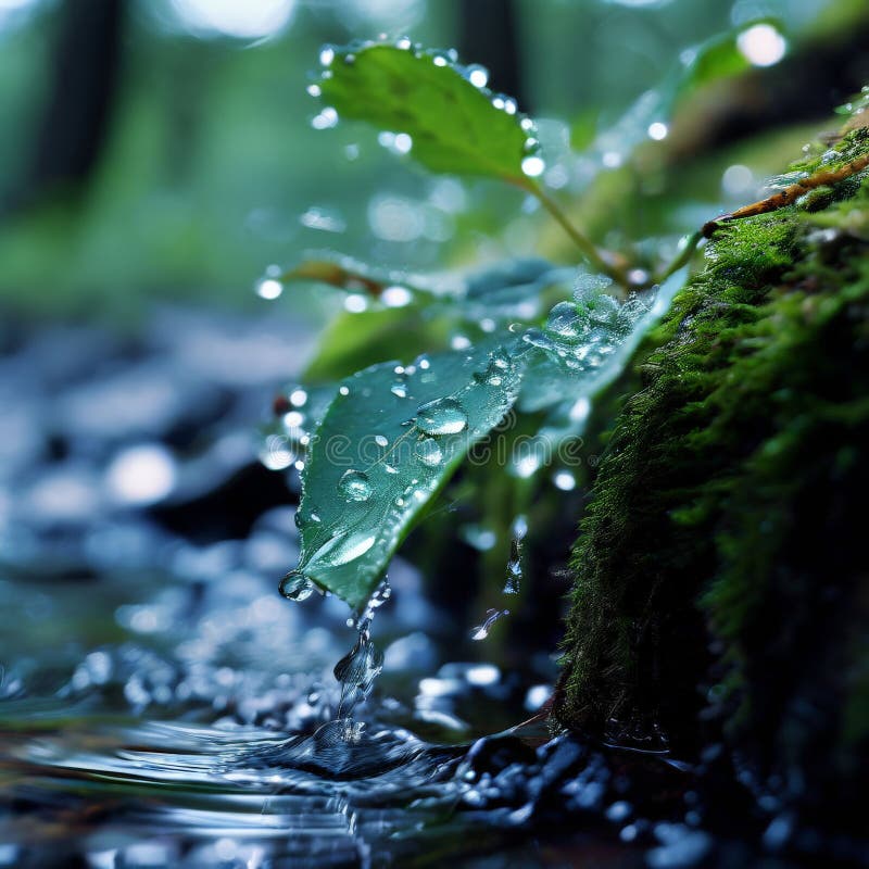 Water Drops Falling on a Green Leaf in the Forest. AI Generated Stock ...