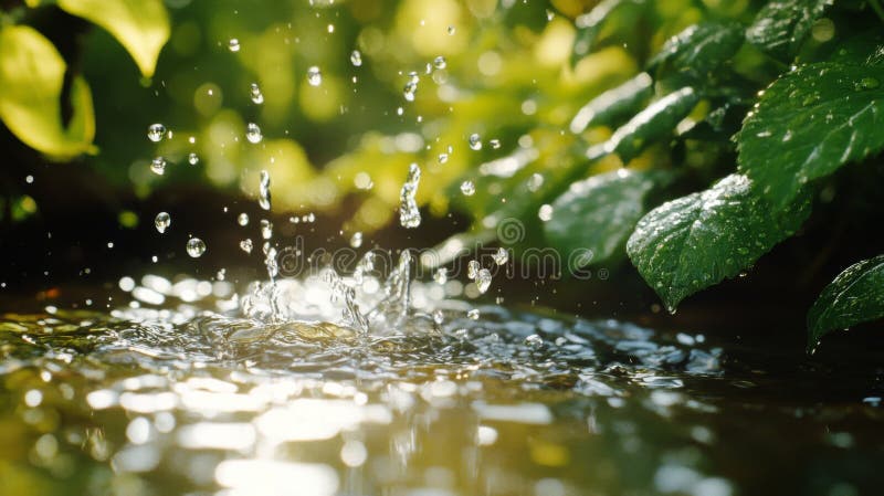 Water Drops Falling into Still Pond Amongst Lush Green Leaves Stock ...
