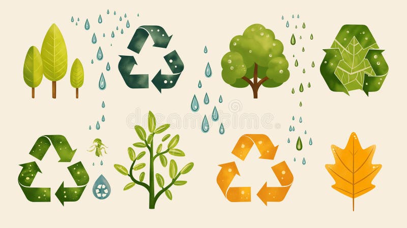 Water Drops Falling on Trees and Recycling Symbols Promoting ...