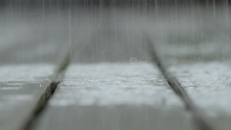 Water Drops Falling on a Wooden Deck. Rain Water Drop Raining on the Floor, Close Up, Cloudy Day ...