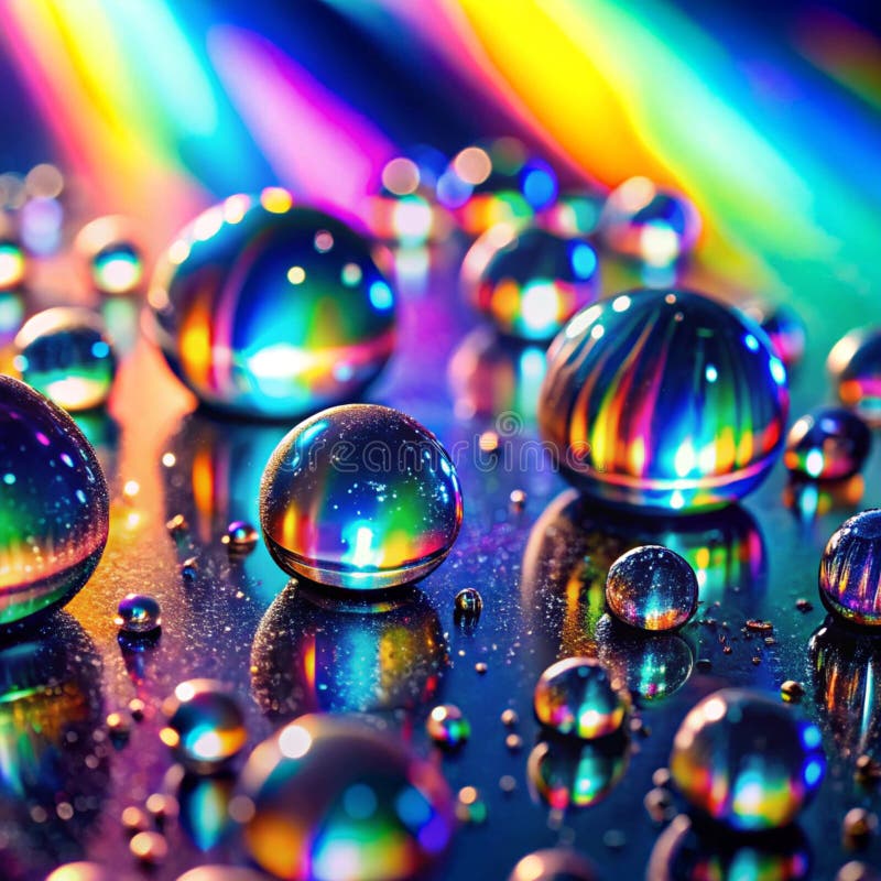 Water Drops with Glitter and Shimmer on Mirror Cause Light Interference and Refraction Effect ...