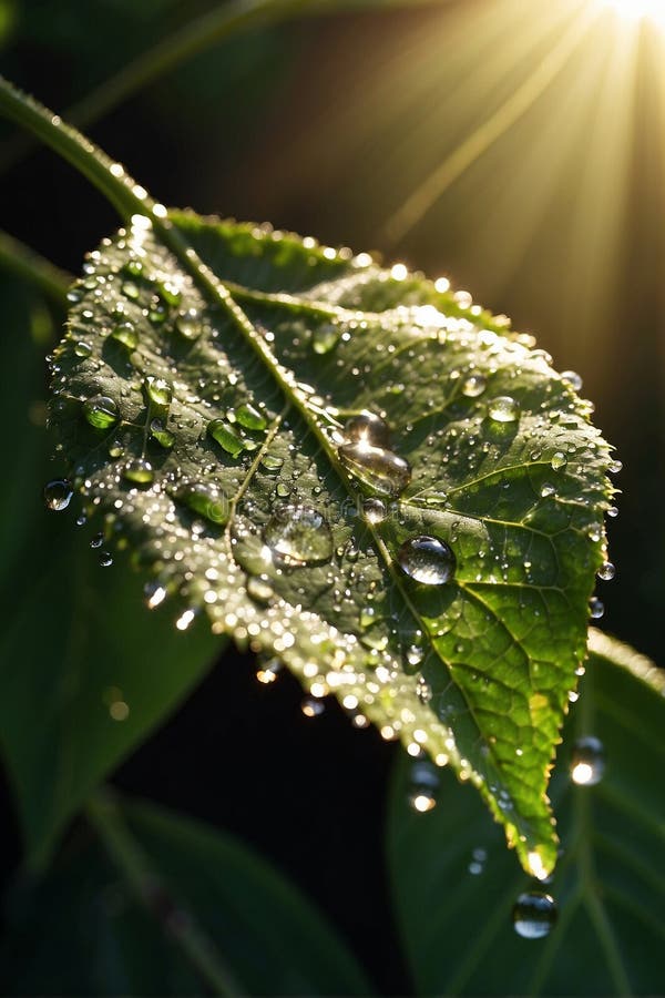 Water Drops on a Green Leaf in the Rays of the Setting Sun Stock ...