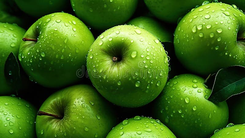 Water Drops on Group of Fresh Green Apple Fruits Dark Background Selective Focus Stock ...