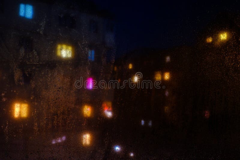 Water Drops Reflections on the Window in Night Stock Image - Image of ...
