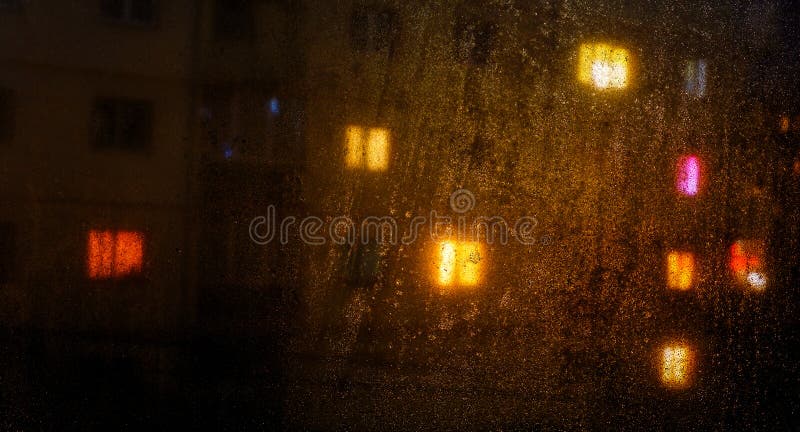 Water Drops Reflections on the Window in Night Stock Image - Image of ...