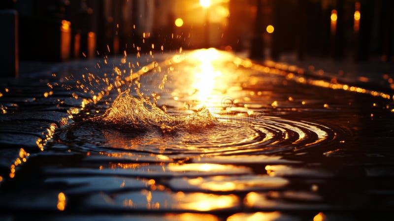 Water Drops Splashing in City Sunset Puddle Stock Illustration ...