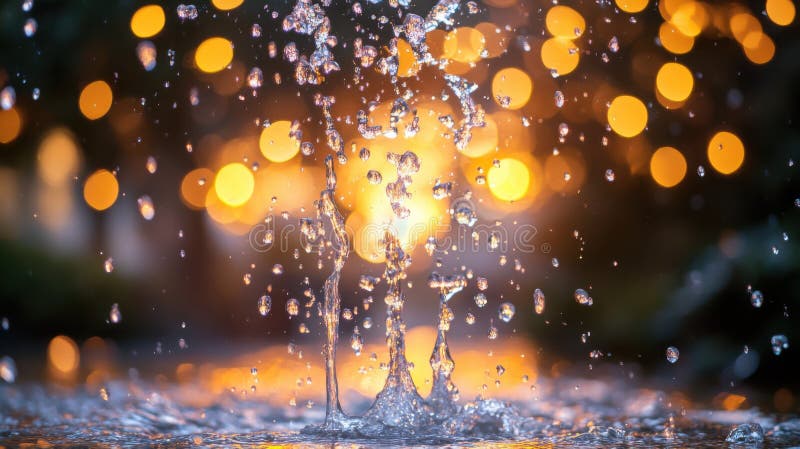 Water Drops Splashing at Night with Golden Bokeh Lights Stock ...