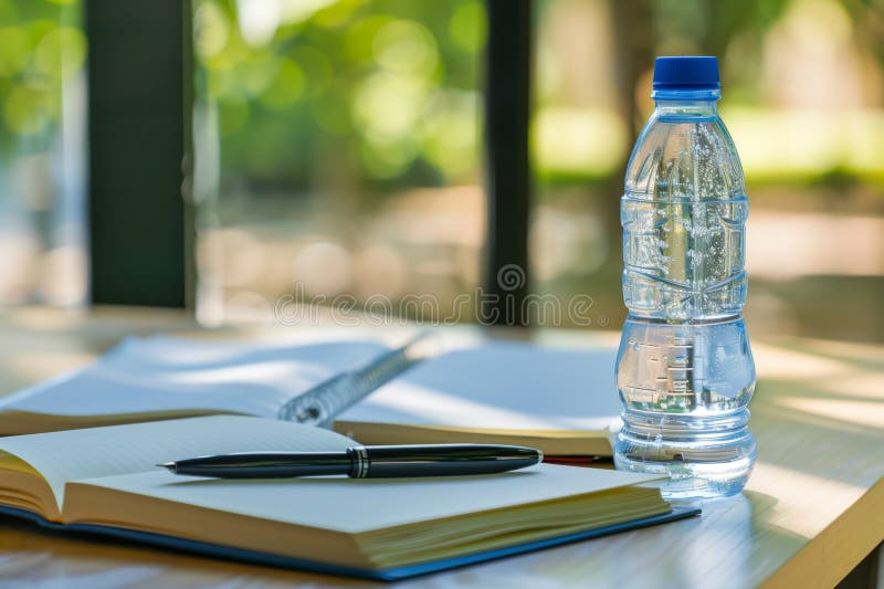 Water in Ecofriendly Reusable Bottle, with Pen and Open Notebook on ...