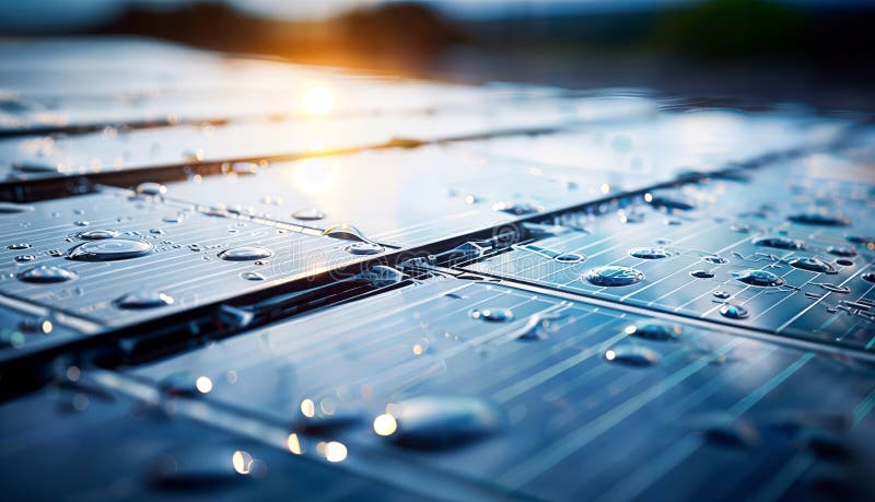 Solar Panel with Water Drops. Alternative Energy Source. Closeup ...