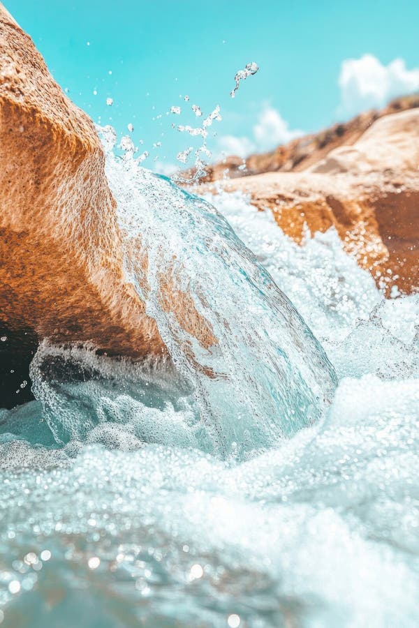 Water Elegantly Flows Over a Rocky Surface, Creating Splashes and ...