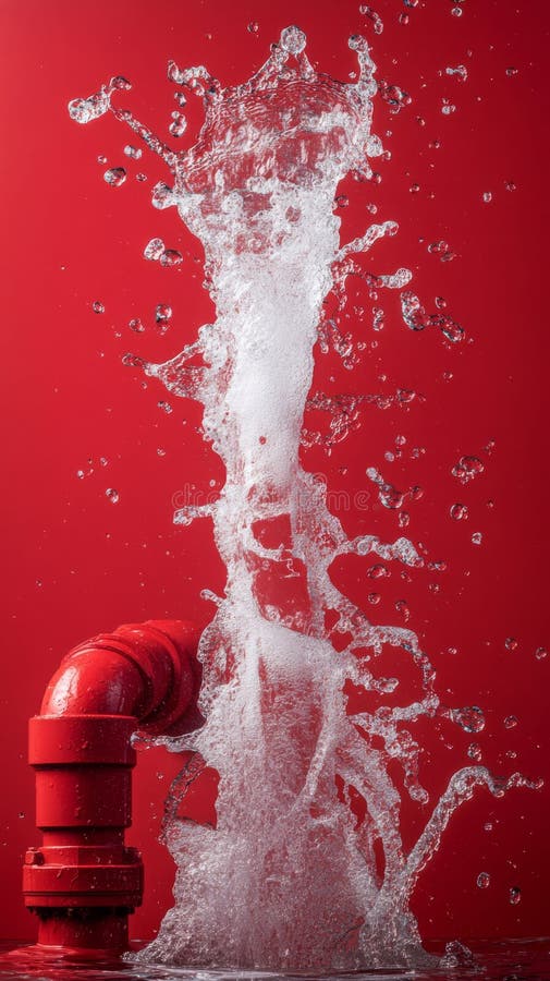 Water Explosion from Red Pipe on Red Background, Dynamic Splash Effect ...
