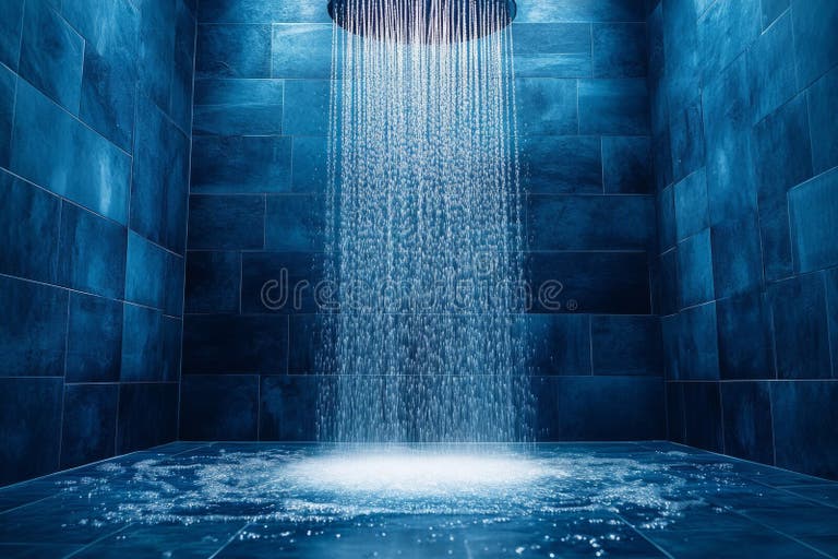Water Falling from Modern Round Shower Head in Luxurious Bathroom Stock ...