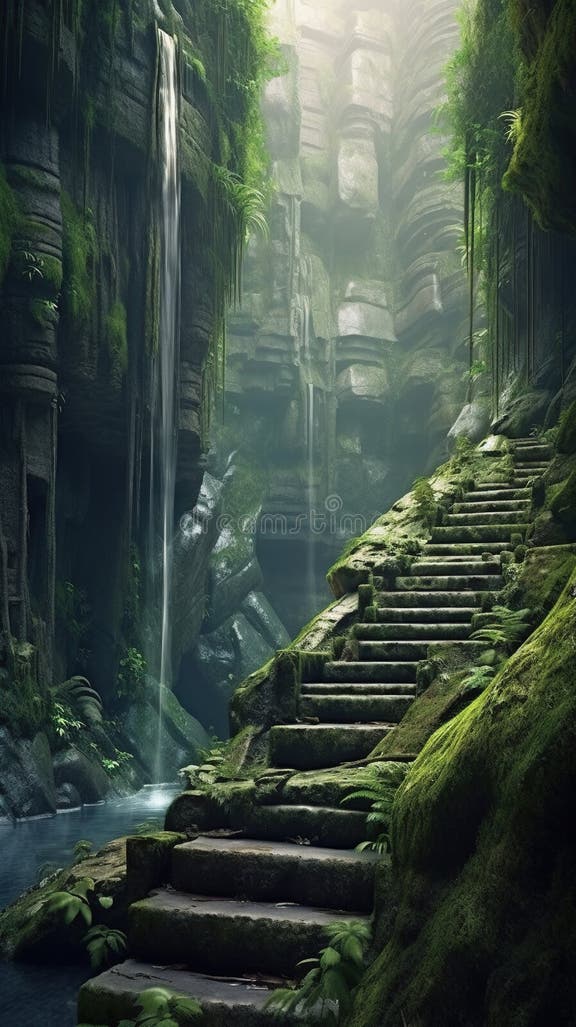 Water Falls Front of Stone Steps Path Surrounded by Rain Forest ...