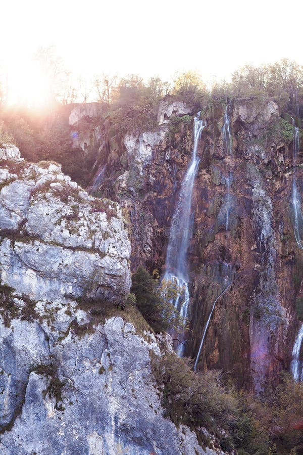 Water that Falls from a Large Waterfall Over Stone Slopes, Plitvice ...
