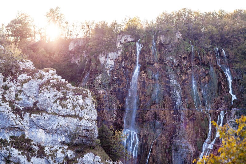 Water that Falls from a Large Waterfall Over Stone Slopes, Plitvice ...