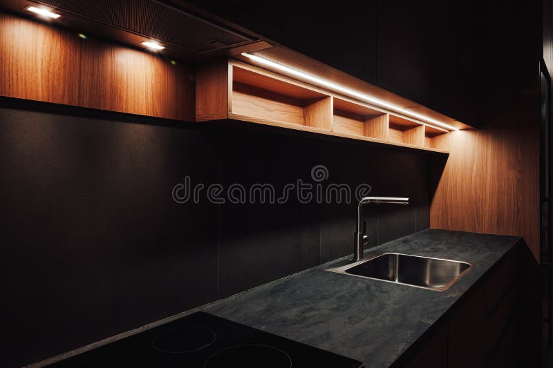 Water Faucet and Metallic Sink in Modern Sleek Kitchen with Led Strip ...