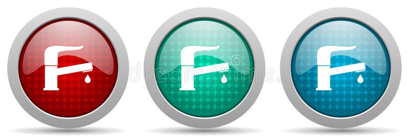 Water Faucet, Modern Tap Vector Icon Set, Glossy Web Buttons Collection ...