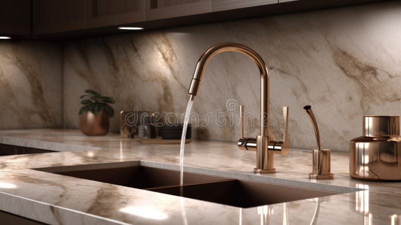 Water Faucet with Sink in the Kitchen Marble Finish, Modern Kitchen ...