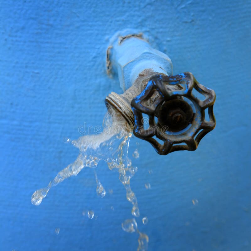 Water Faucet Spraying Water Flow Drops Blue Stock Image - Image of ...